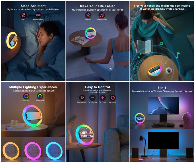 10W Multicolor Wireless Charging Night Light With Bluetooth Speaker